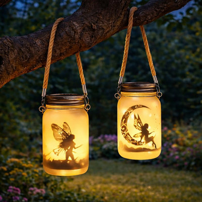 2 x Solar Powered Hanging Fairy Lantern Frosted Glass Fairy Light Lamp ...