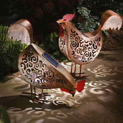 2 x Solar Powered Silhouette Hens - Handmade Metal Outdoor Garden ...