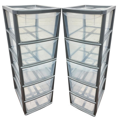 2 X TALL SILVER STORAGE TOWER UNITS WITH 5 LARGE SPACIOUS CLEAR PLASTIC ...