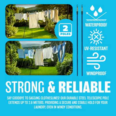 2 X Telescopic Clothes Line Prop Extending Washing Metal Pole Extendable