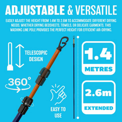 2 X Telescopic Clothes Line Prop Extending Washing Metal Pole Extendable
