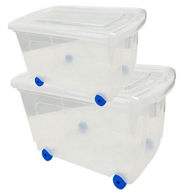 2 x Wheelie Plastic Storage Boxes 70 Litre With Lids & Built In Wheels ...