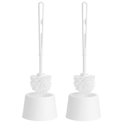 2 x White Plastic Toilet Brush Set With Holder & Handle