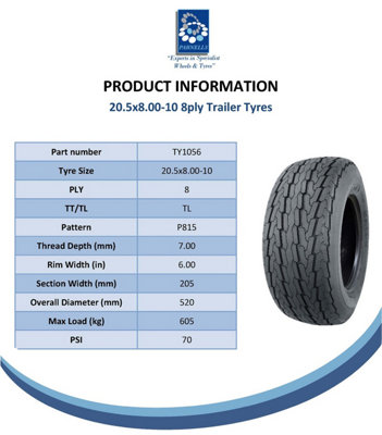 20.5x8.00-10 Trailer Wheel Assembly 8ply 4 Inch PCD Road Legal 605kgs ...