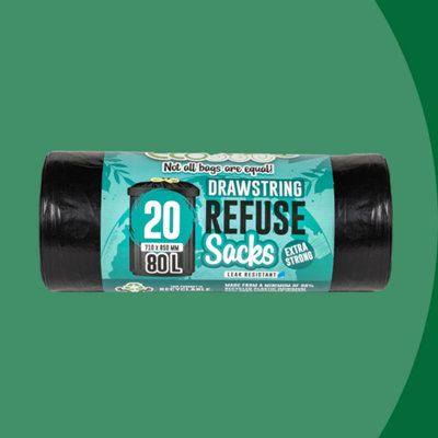 20 Drawstring Refuse Sacks - Black - 80L - Bin Liners