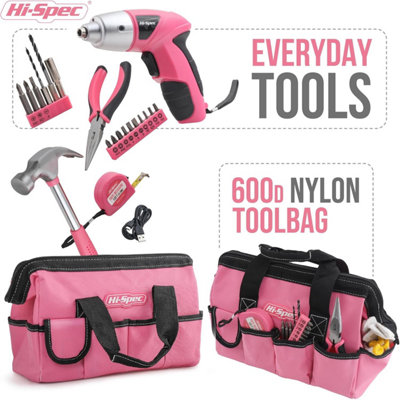 20 PC Pink Hand Tools Set With Cordless Screwdriver in a Bag and Ideal ...