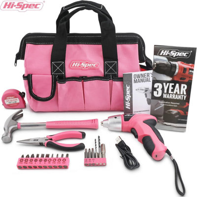 20 PC Pink Hand Tools Set With Cordless Screwdriver in a Bag and Ideal ...
