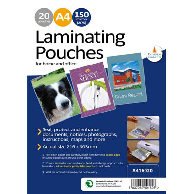 20 x A4 150 Micron Laminating Pouches with Crystal Clear Gloss Finish ...