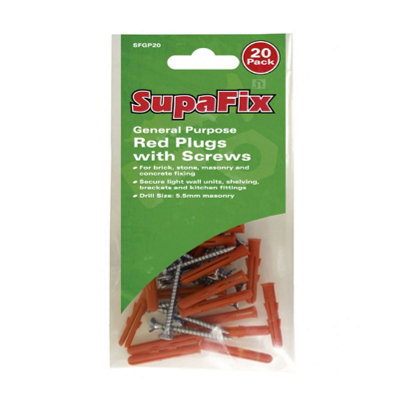 20 x Heavy Duty Red Raw Wall Plugs with 30mm Screws Drill Size 55mm ...