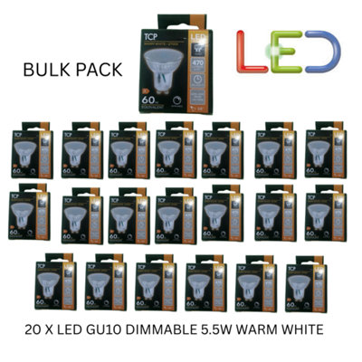 20 X TCP LED GU10 5.5W WARM WHITE DIMMABLE BULB BULK PACK SPOTLIGHT ...