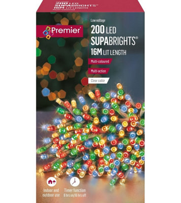 200 LED Supabrights Multi-coloured Multi-action 16M Lit Length Clear Cable