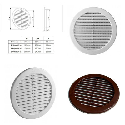 200 mm / 8 in White Round Air Vent Grille Duct Cover with Fly Screen ...