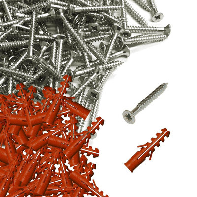 200 PCE Pozi Screws & Red Raw Fixing Plugs, Twin Thread 4.2 x 38mm ...