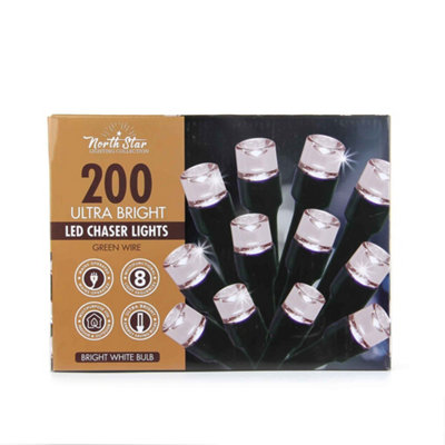 200 Ultra Bright LED Chaser Lights Green Wire - Bright White