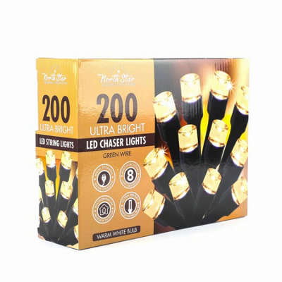 200 Ultra Bright LED Chaser Lights Green Wire - warm white