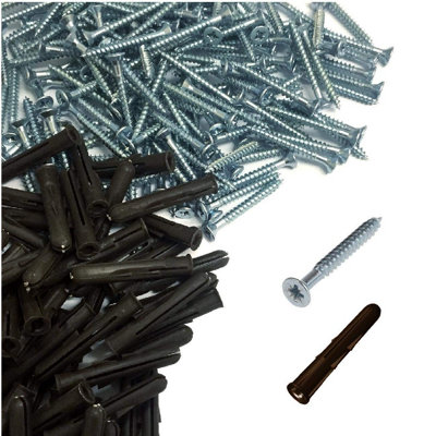 200 x Pozi Screws & 200 x Brown Raw Wall Fixing Plugs, Twin Threaded ...