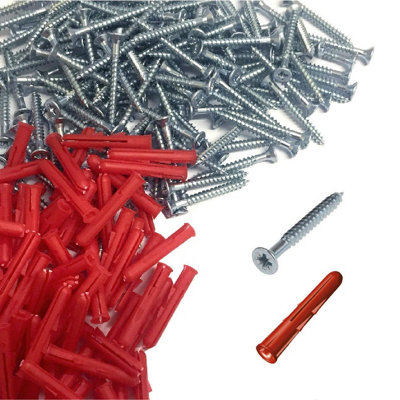 200 x Pozi Screws & 200 x Red Raw Wall Fixing Plugs, Twin Threaded ...
