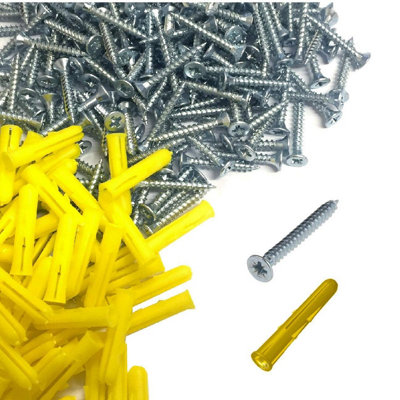 200 x Pozi Screws & 200 x Yellow Raw Wall Fixing Plugs, Twin Threaded ...
