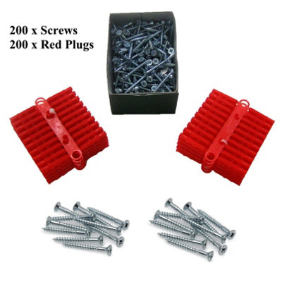 200 x Pozi Screws 40mm / 200 x Red Raw Wall Plugs, Fixings Expansion Plugs