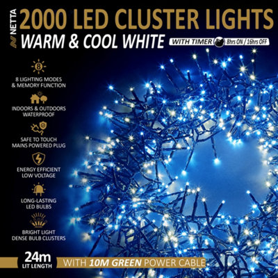 2000 LED Cluster String Lights 24M Indoor/Outdoor Christmas Lights ...