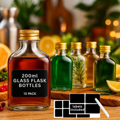 200ml Glass Flask Bottles - 10 Pack with Gold Screw Lids, Labels & Pen ...