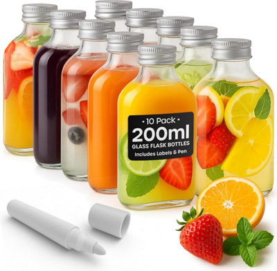 200ml Reusable Clear Glass Flask Bottles Silver Screw Lids, Writable ...