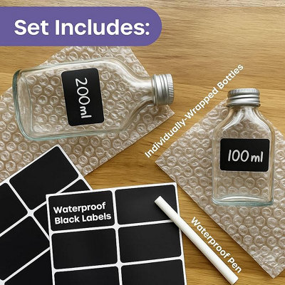 200ml Reusable Clear Glass Flask Bottles Silver Screw Lids, Writable ...