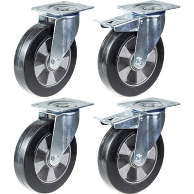 200mm 8" castor black rubber swivel & brake strong 1400kg capacity, set ...