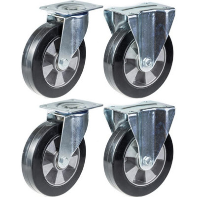 200mm 8" castor black rubber swivel & fixed strong 1400kg capacity, set ...