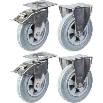 200mm 8" stainless steel castor grey rubber, brake & fixed, 820kg, set of 4