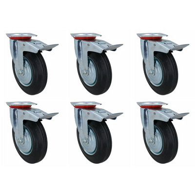 200mm HD Braked Castor Wheel Rubber Tyre For Trolleys Trucks Carts 6pc