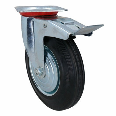 200mm HD Braked Castor Wheel Rubber Tyre For Trolleys Trucks Carts 6pc