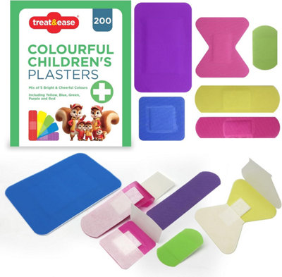 200pk Colourful Childrens Plasters Washproof Assorted Shapes and Sizes ...