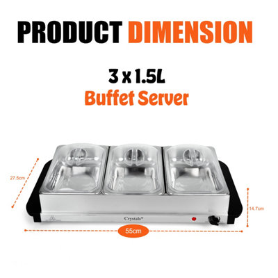 200W Buffet Warmer Food Server Hot Plate 3 Tray 1.5L Adjustable Temprature