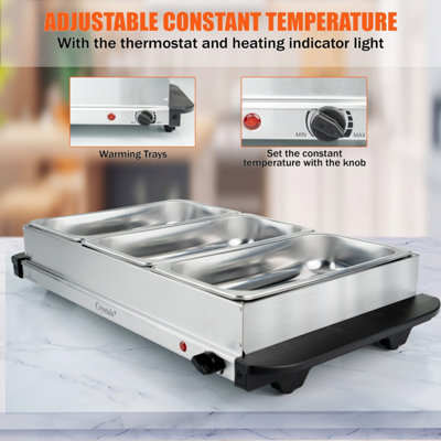 200W Buffet Warmer Food Server Hot Plate 3 Tray 1.5L Adjustable Temprature
