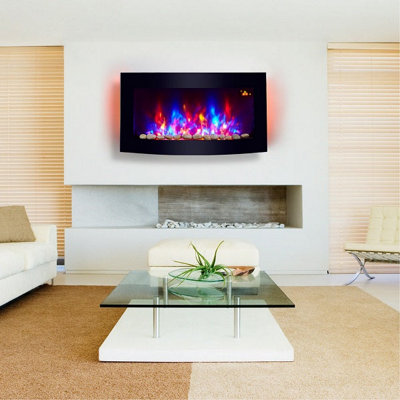 2025 TruFlame™ 89cm Wide Wall Mounted Curved Black Glass Electric Fire ...