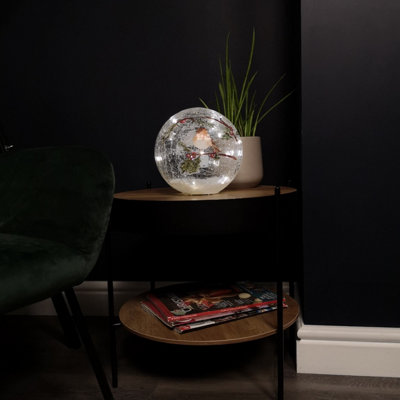 20cm Festive Christmas Crackle Effect Glass Robin LED Light Ball