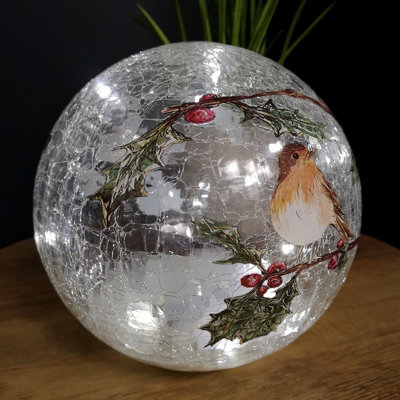 20cm Festive Christmas Crackle Effect Glass Robin LED Light Ball