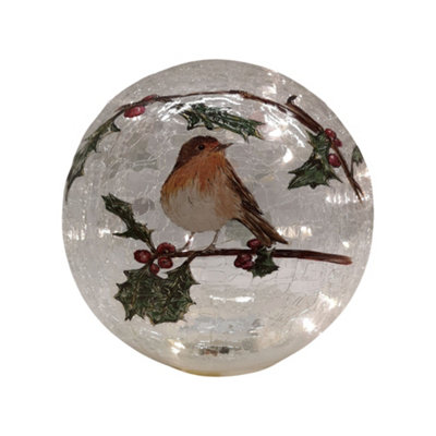 20cm Festive Christmas Crackle Effect Glass Robin LED Light Ball