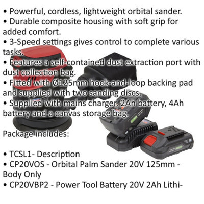 20V Cordless Orbital Palm Sander Kit - Includes 2 Batteries & Charger - Bag