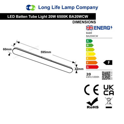 20w 2ft LED Ceiling Batten Light IP44 6500k BA20WCW