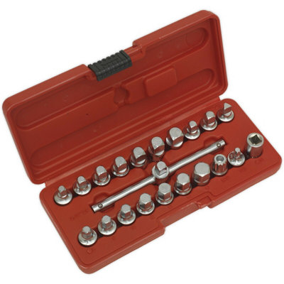 21 Piece Oil Drain Plug Key Set - 3/8" Sq Drive - Sliding T-Bar - Steel ...