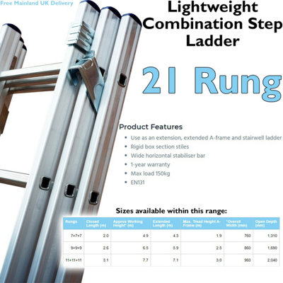21 Rung Lightweight Combination Ladder - Versatile Extension, Step ...