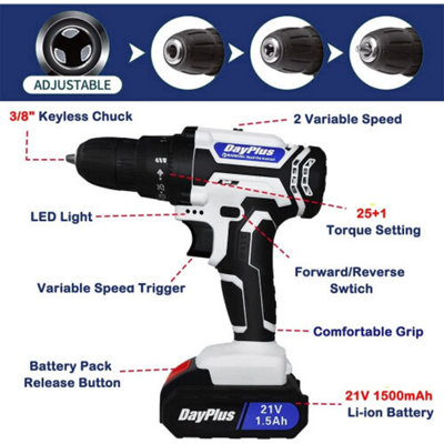21V Cordless Drill Combi Power Drill Electric Screwdriver Set 25+1 ...