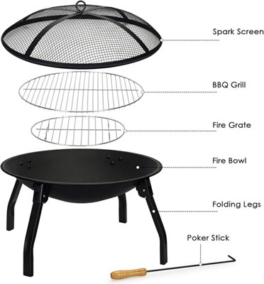 22 inch Fire Pit, Wood Burning Folding Firepit with Spark Screen ...