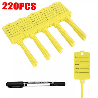 220 Pack Yellow Self-Tie Plastic Car Key Tags + Pen for Vehicle & Asset ID