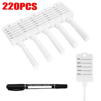 220 White Plastic Self-Tie Car Key Tags with Marker Pen