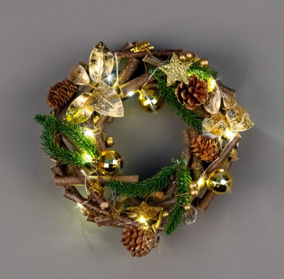 22cm B/O LED Twig Wreath - Gold