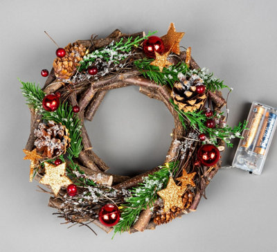 22cm B/O LED Twig Wreath Red/Brown