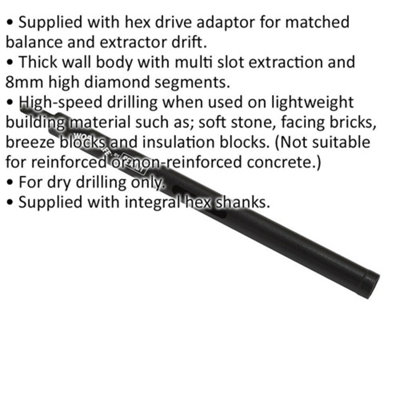 22mm x 300mm Dry Diamond Core Drill Bit with Hex Drive Adaptor for ...